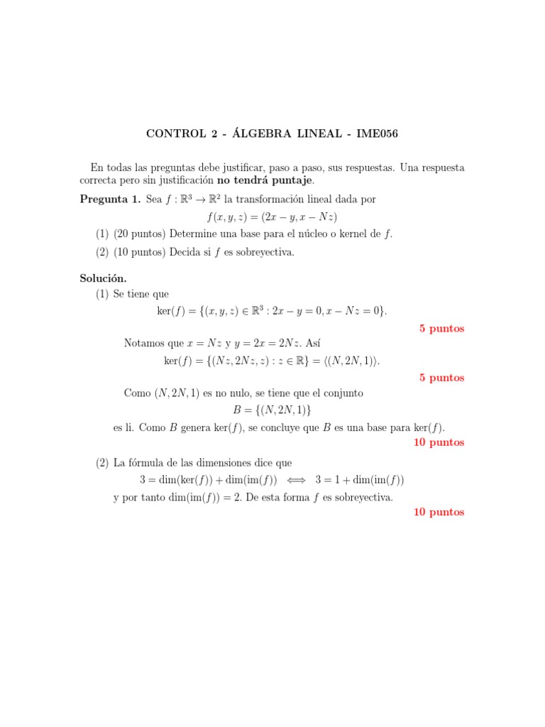 Pauta de Corrección - Control 2 | PDF | Álgebra lineal | Relaciones matematicas
