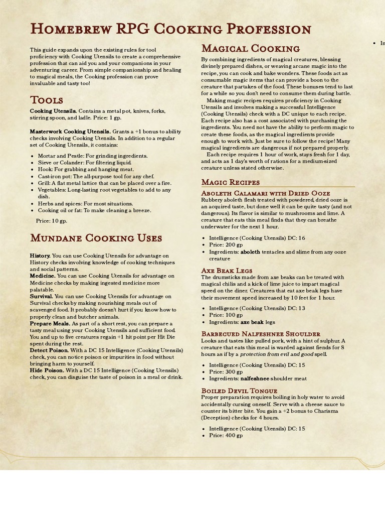 Cooking Profession - The Homebrewery | PDF | Cooking | Dwarf (Dungeons ...