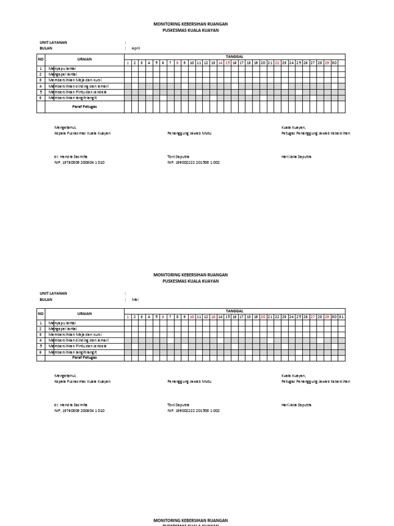 Chek List Kebersihan Ruangan | PDF