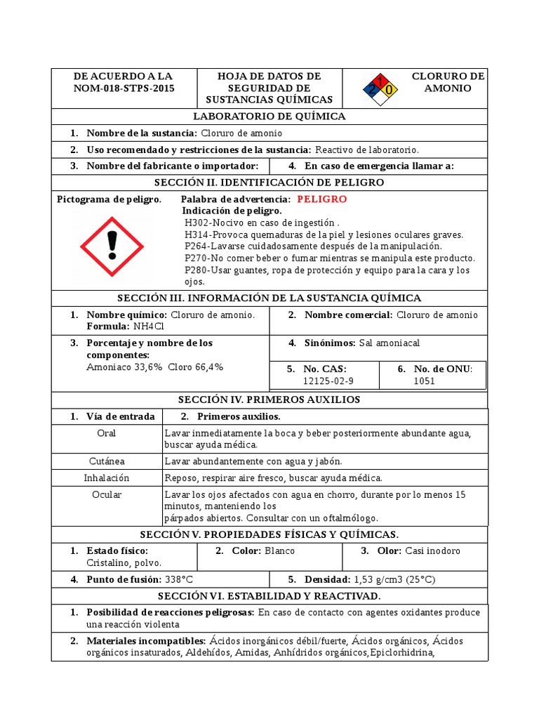 Ficha de Seguridad del Cloruro de Amonio | PDF | Cloro | Amoníaco