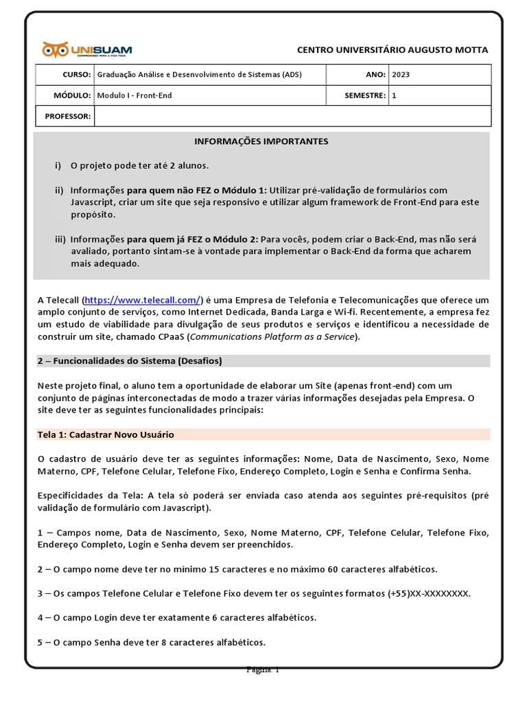 PROJETO 2023 01 - Modulo Front-End | PDF | Script Java | Autenticação