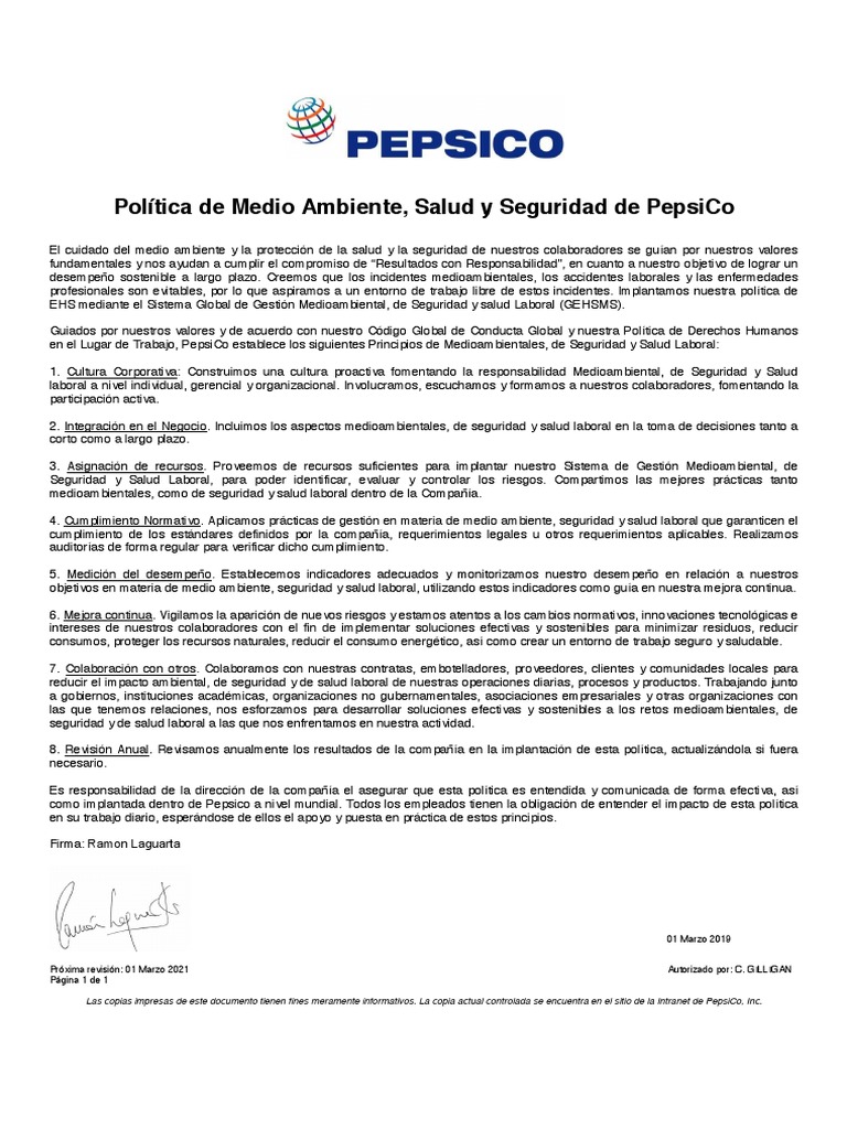 Política EHS de PepsiCo | PDF | Seguridad y salud ocupacional | Valores