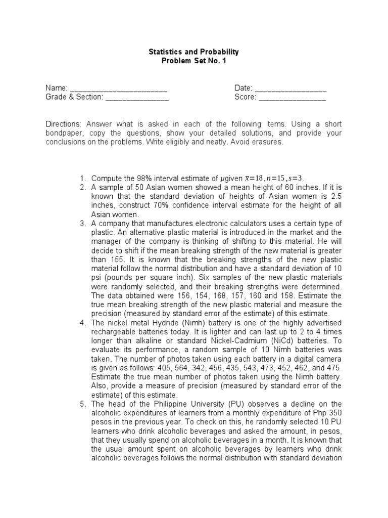 Problem Set No. 1 | PDF | Standard Error | Standard Deviation