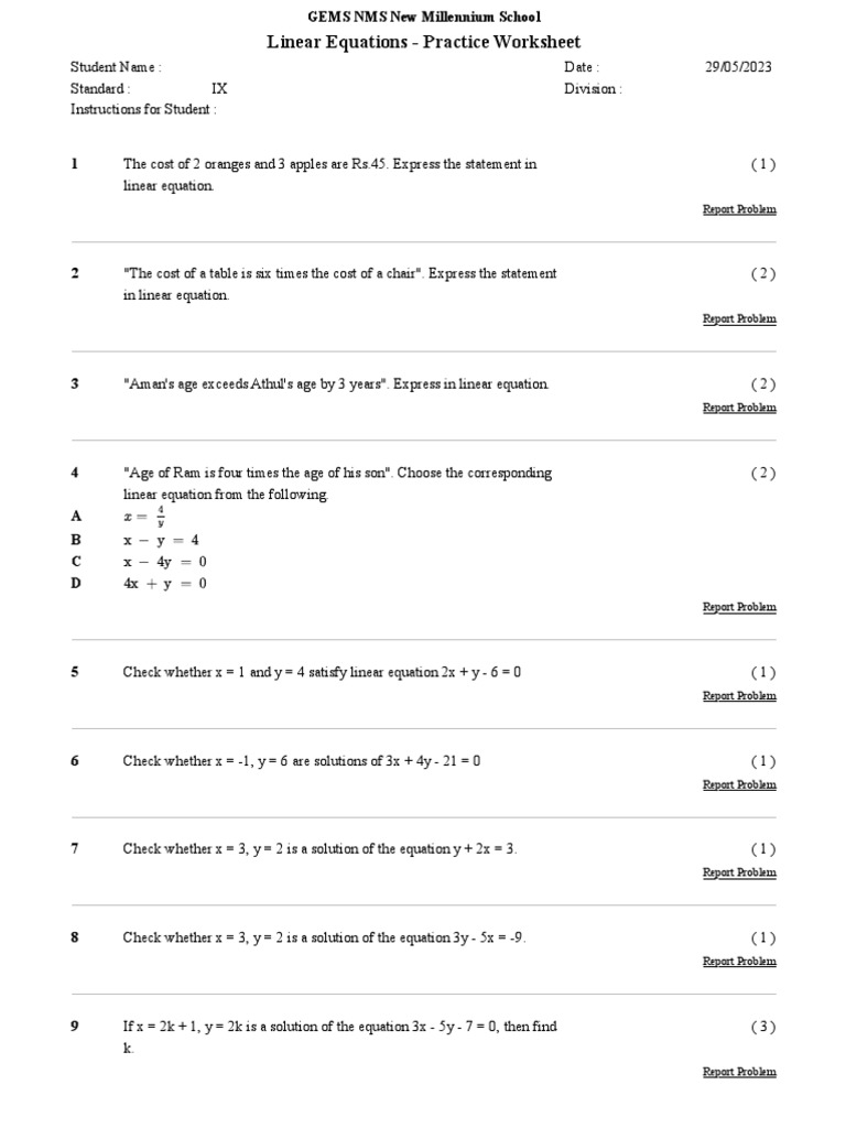 Grade 9 Linear Equations Practice Worksheet | PDF | Equations | Mathematics