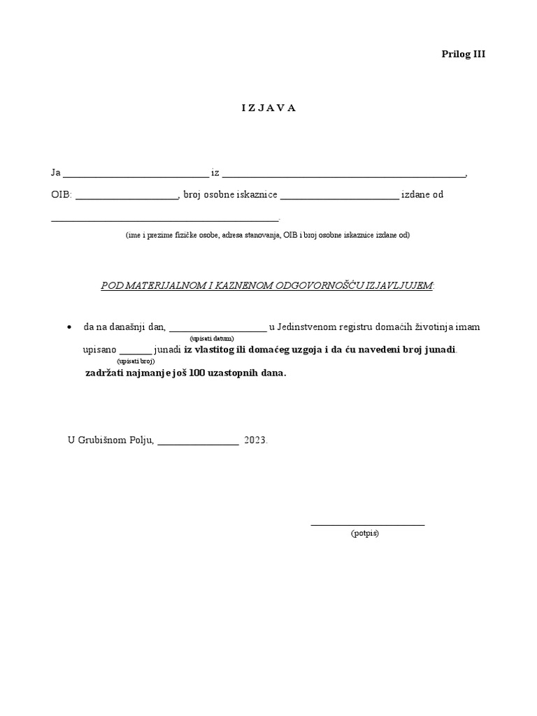 Izjava o Broju Junadi | PDF