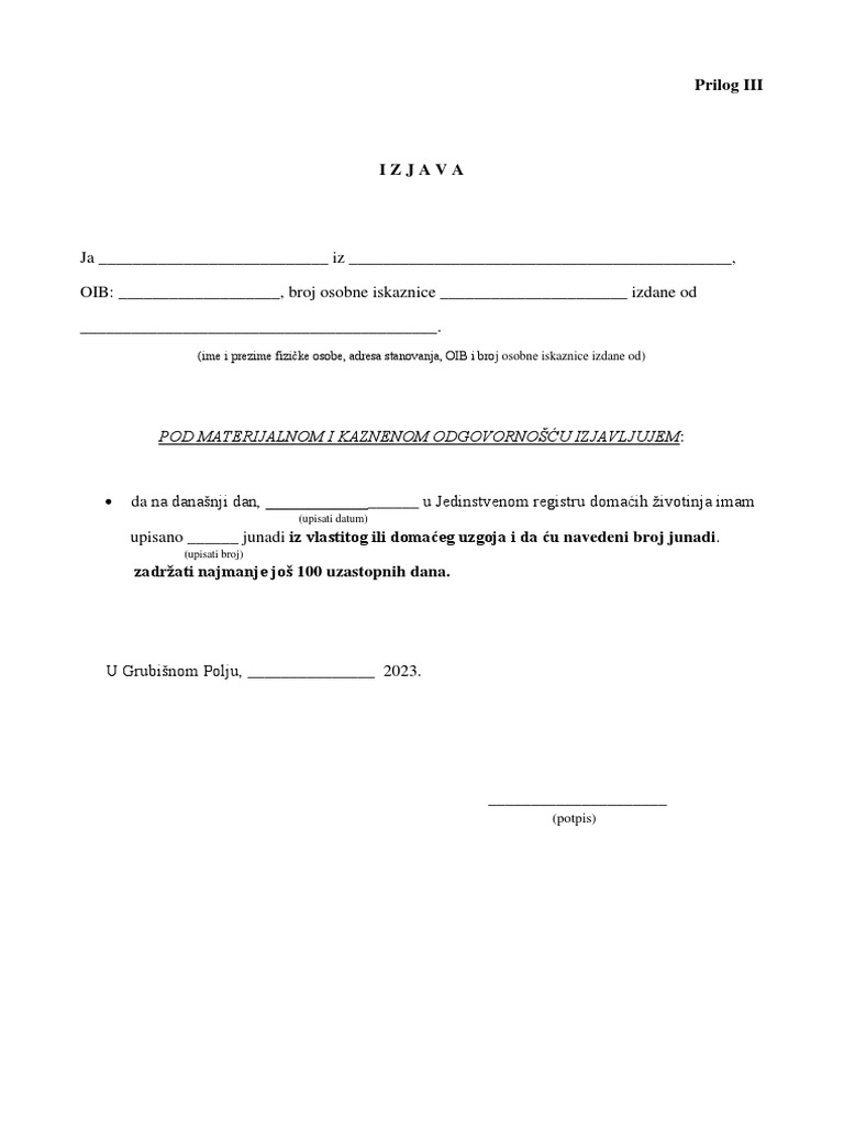 Izjava o broju junadi | PDF