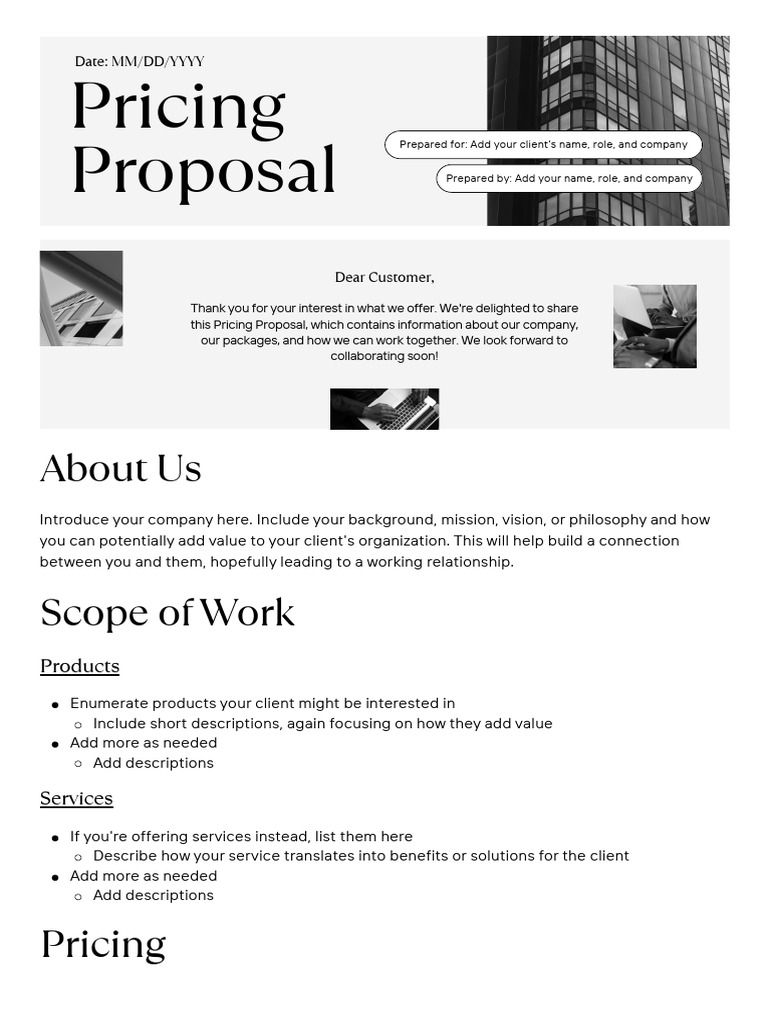 Pricing Proposal Professional Doc in White Black Grey Sleek Monochrome ...