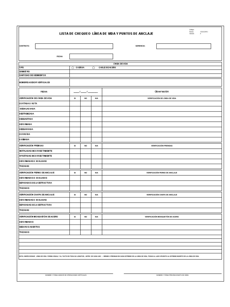 Check List - Pre-Uso Linea de Vida y Puntos de Anclaje | PDF | Bienes ...
