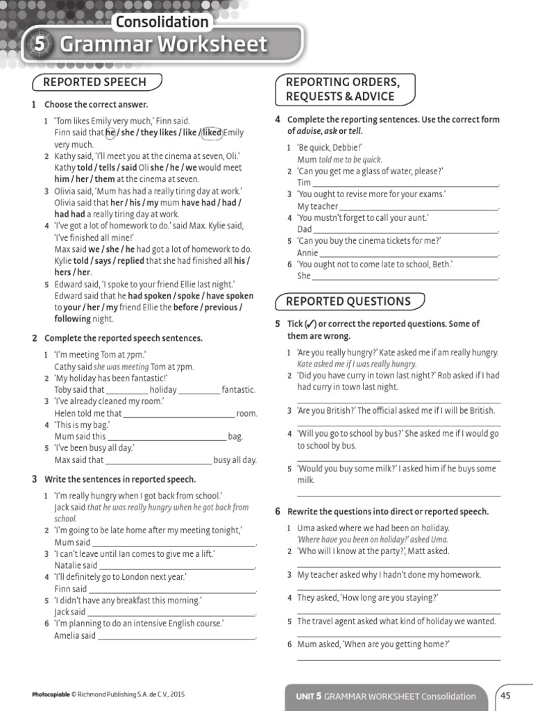 Achievers B1+ Grammar Worksheet Consolidation Unit 5 | PDF
