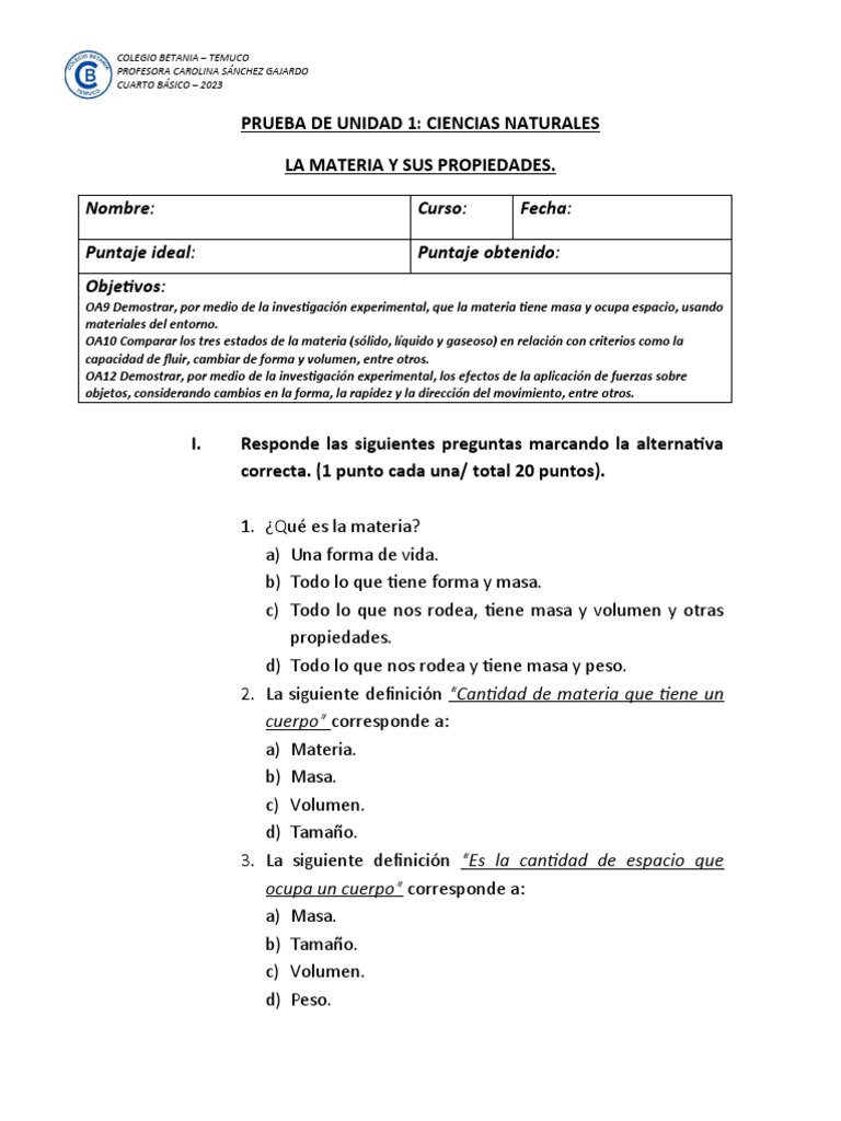 PRUEBA UNIDAD 1 Ciencias 4TO | PDF | Fuerza | Importar