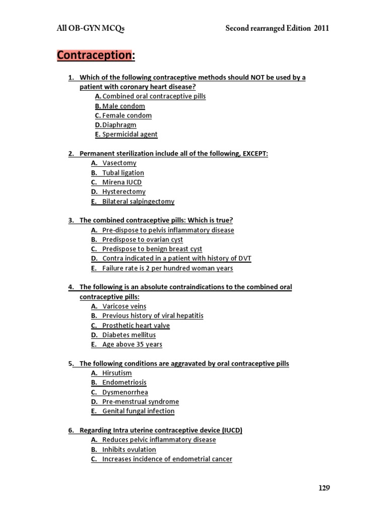 OB-GYN MCQs (1) - 124-129 | PDF | Combined Oral Contraceptive Pill | Birth Control