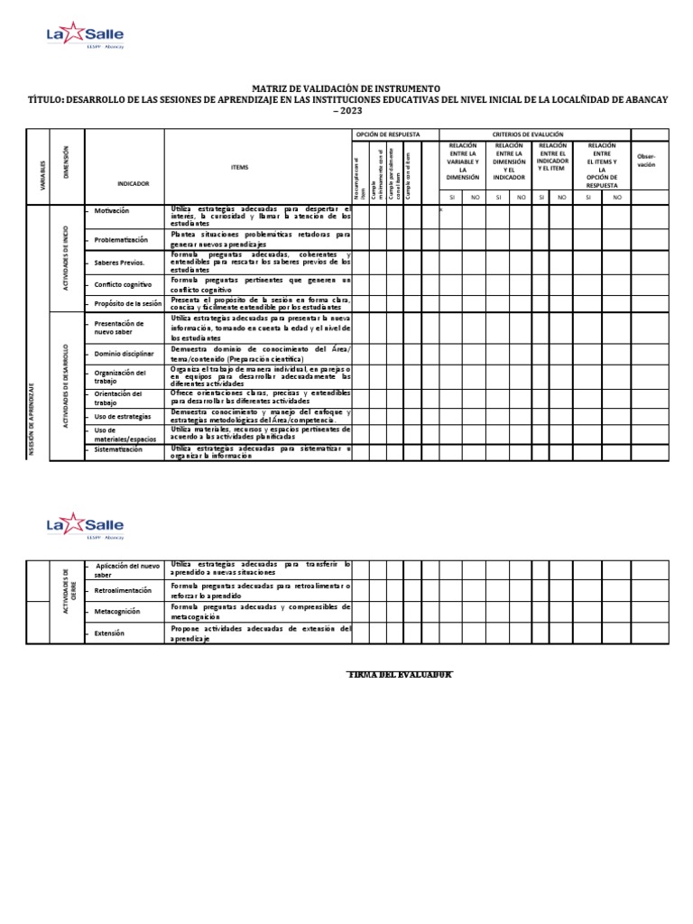 Matriz De Validacion E Instrumento V Inicial Pdf Aprendizaje