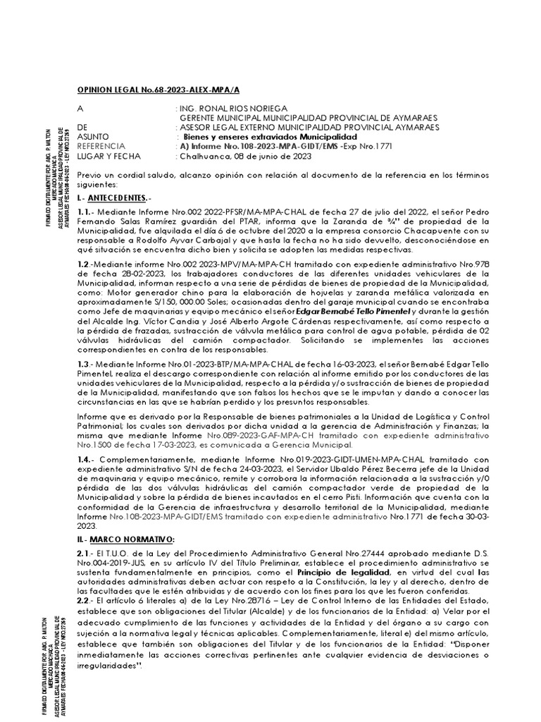Nro.68-2023 - ALEX-MPA - Opinion Estravio Bienes Chalhuanca 08-06-2023 ... Nro.68-2023 - ALEX-MPA - Opinion Estravio Bienes Chalhuanca 08-06-2023 ...