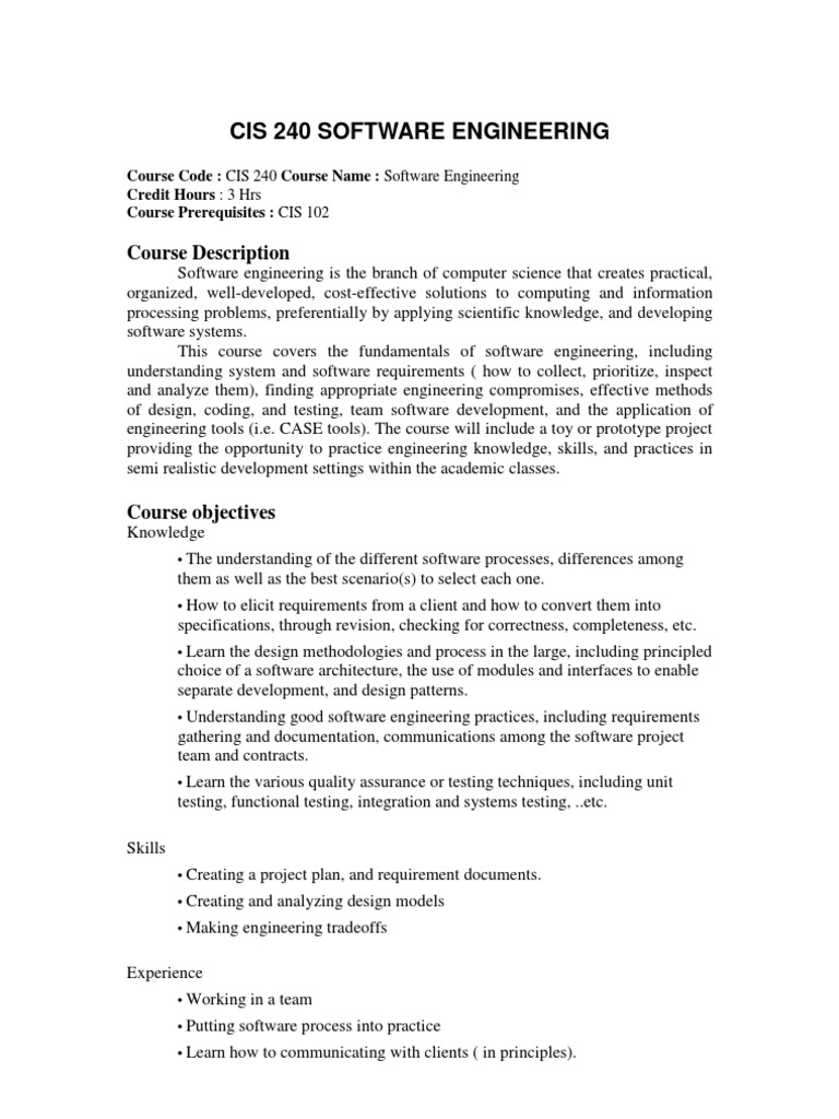 Cis240 Syllabus | PDF | Software Development Process | Engineering
