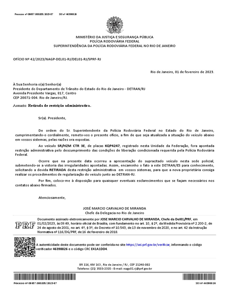 Sei - PRF - 46398826 - Ofício | PDF Sei - PRF - 46398826 - Ofício | PDF