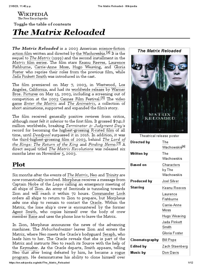 The Matrix Reloaded Overview | PDF | Young Adult