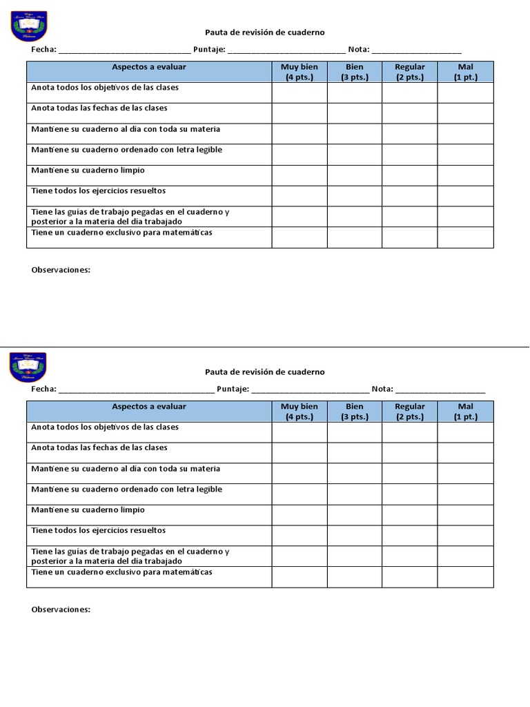Pauta de Revisión de Cuadernos Escolares | PDF