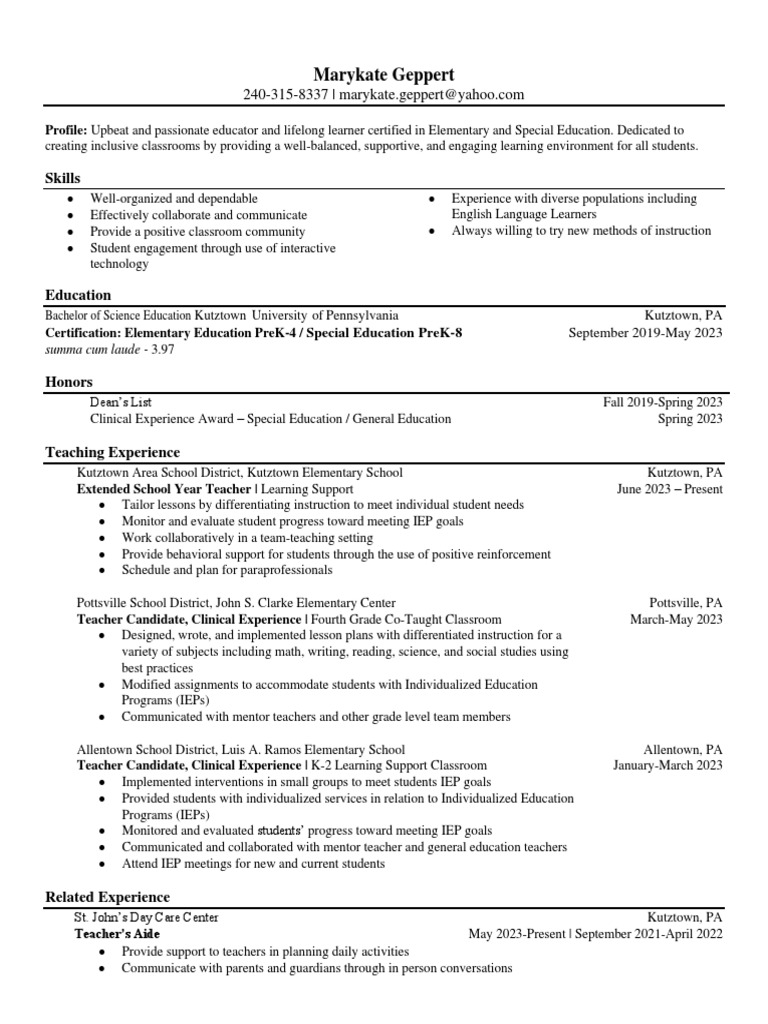 Marykate Geppert Resume | PDF | Individualized Education Program | Teachers