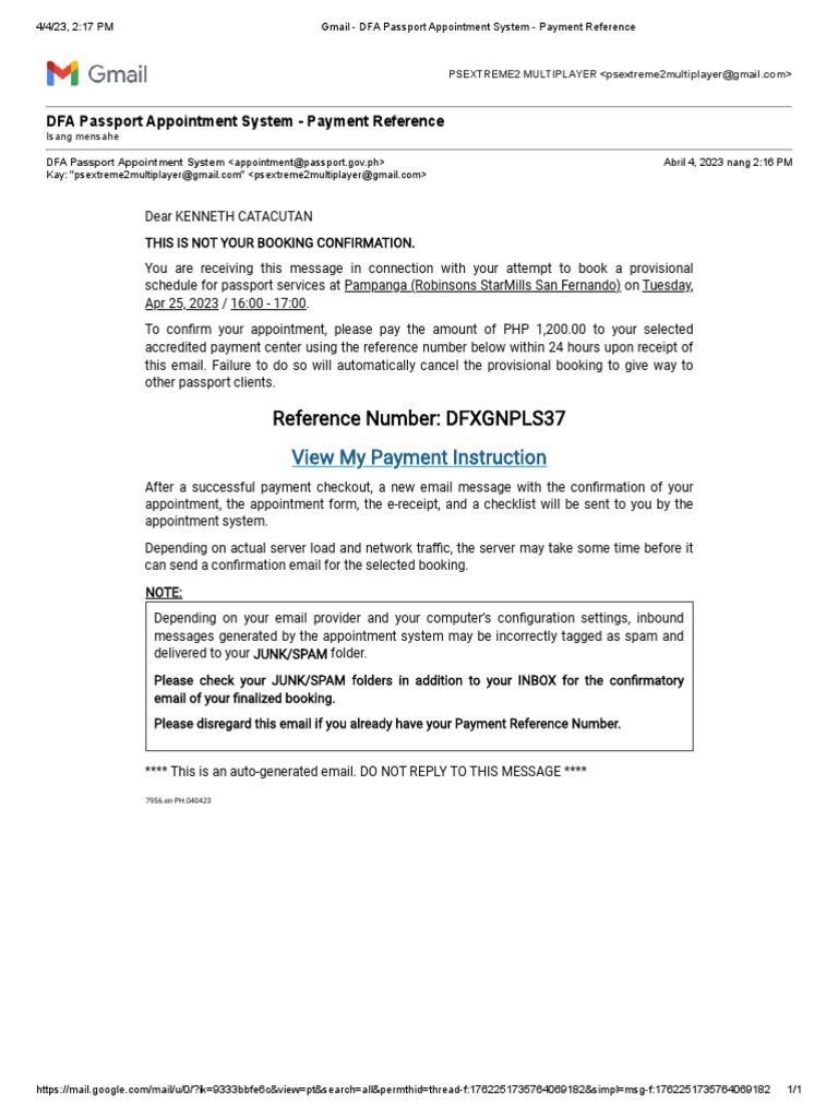 Gmail - DFA Passport Appointment System - Payment Reference - 20230426 ...