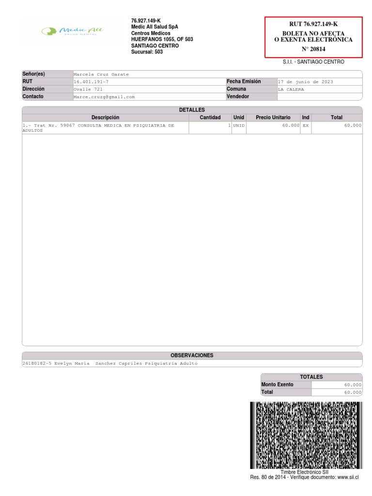 Boleta Electrónica Consulta Psiquiátrica | PDF