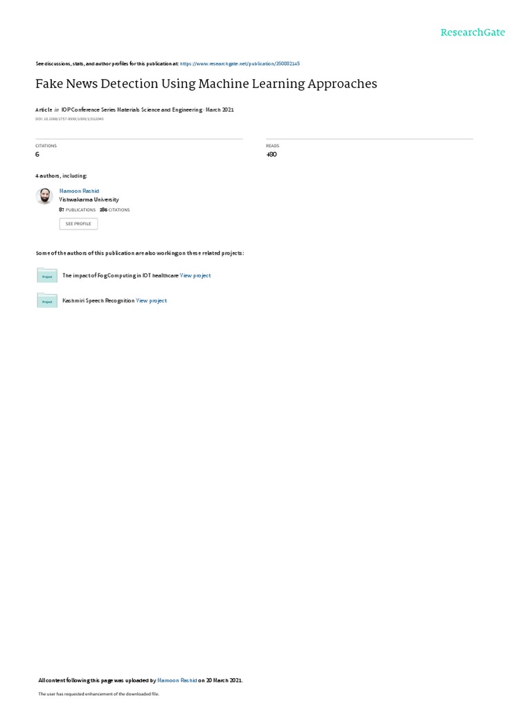 Fake News Detection Using Machine Learning Approaches | PDF | Machine ...