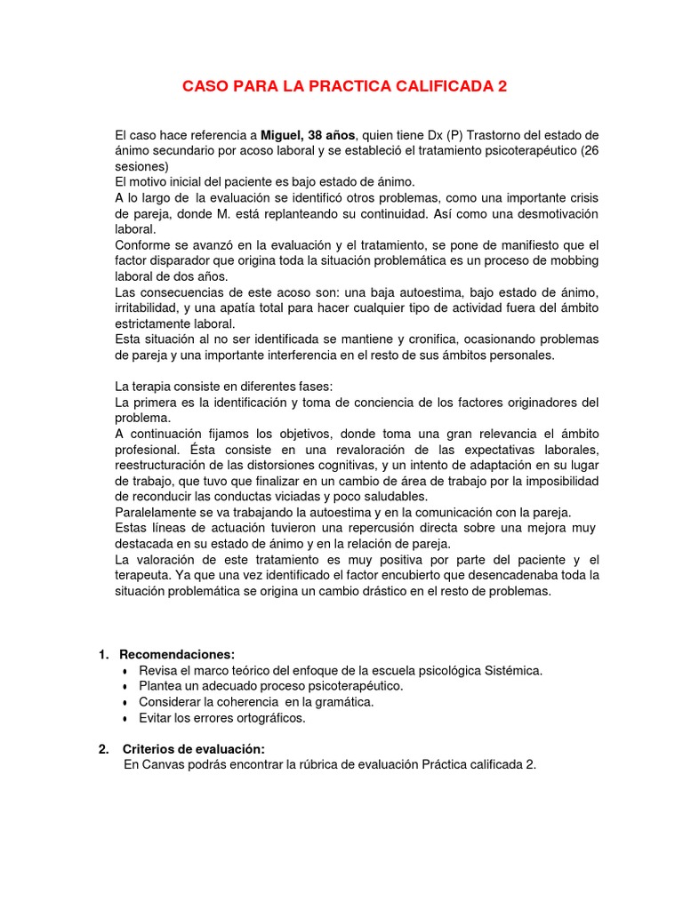 Caso para Pc2 Enfoque Sistemico-1 | PDF | Psicoterapia | Evaluación