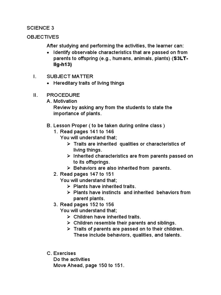 Science 3 Hereditary Traits and Ecosystems Lesson Plans | PDF | Parent ...