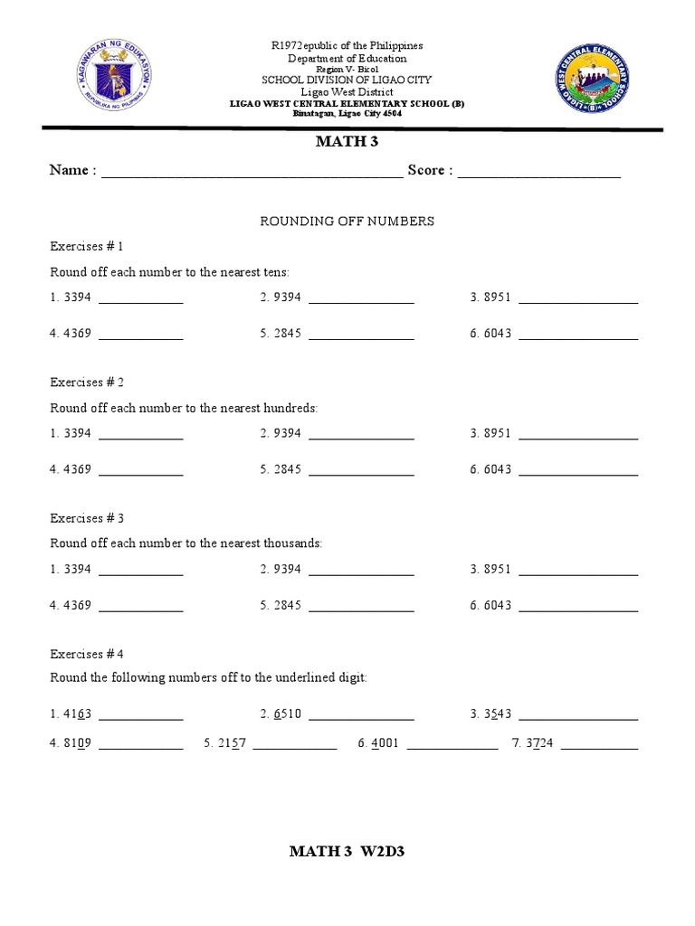 Math 3 Rounding and Comparing Numbers | PDF