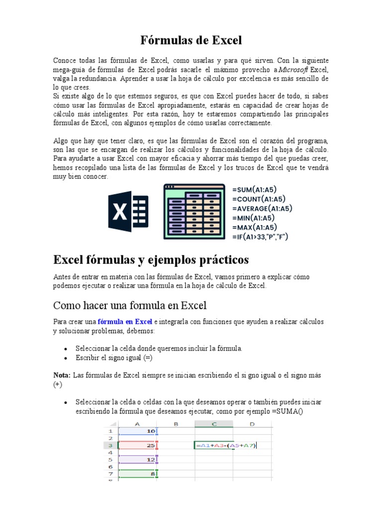 Fórmulas Básicas De Excel Y Sus Funciones Pdf Microsoft Excel