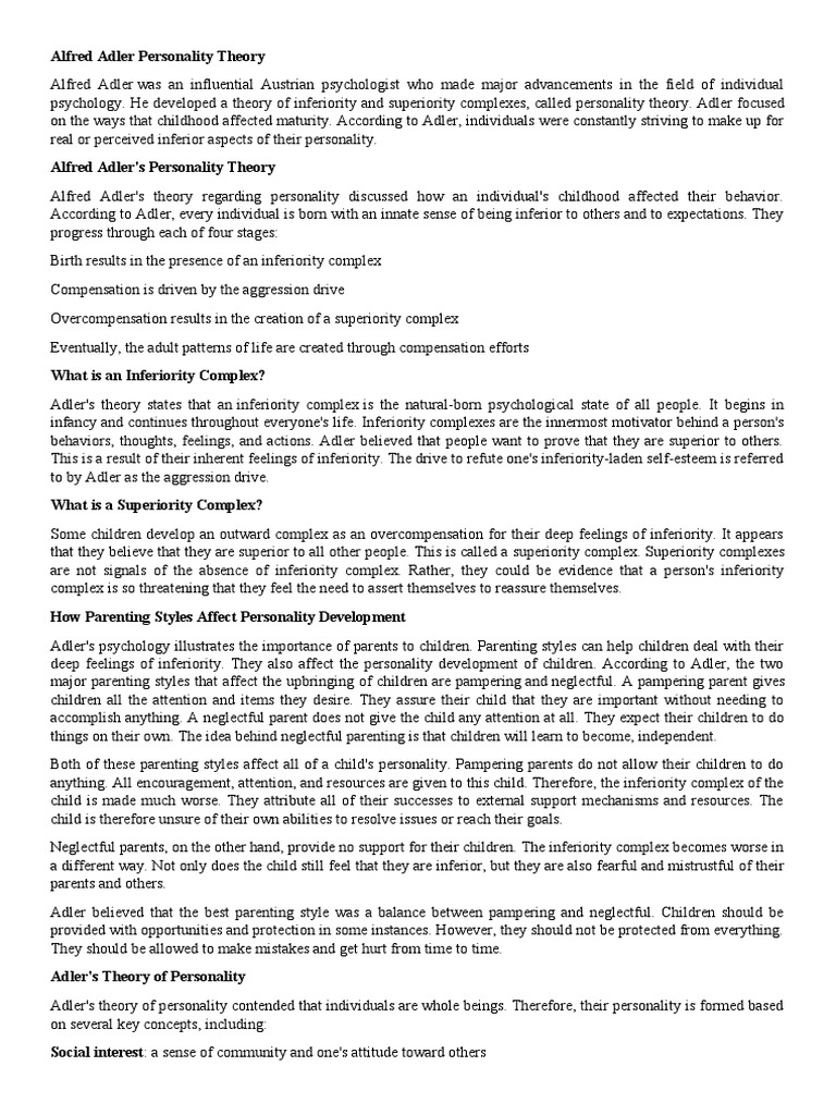 Adler's Personality Theory Explained | PDF