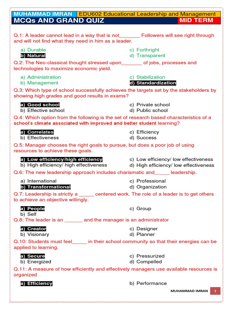 EDU602 Educational Leadership and Management (MCQs GRAND QUIZ MID TERM) PAST | Download Free PDF ...