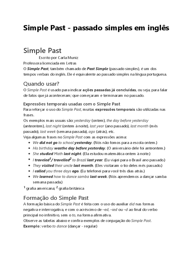 Simple Past - Passado Simples em Inglês | PDF | Assunto (gramática ...