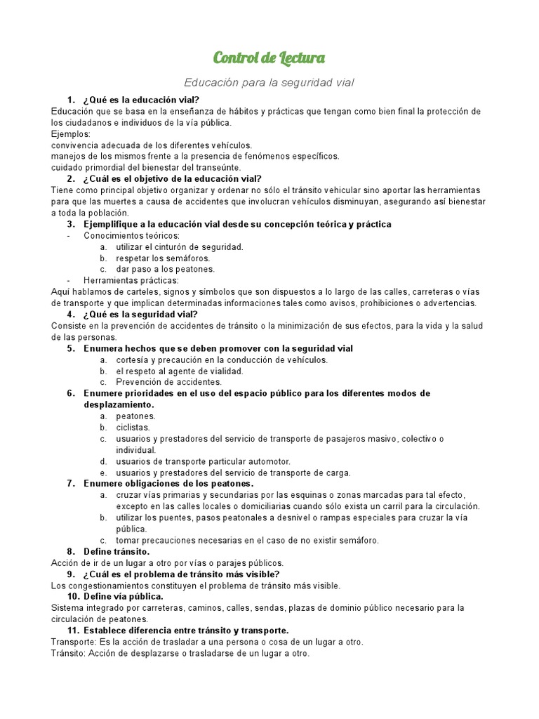Control de Lectura Educación para La Seguridad Vial | Descargar gratis ...