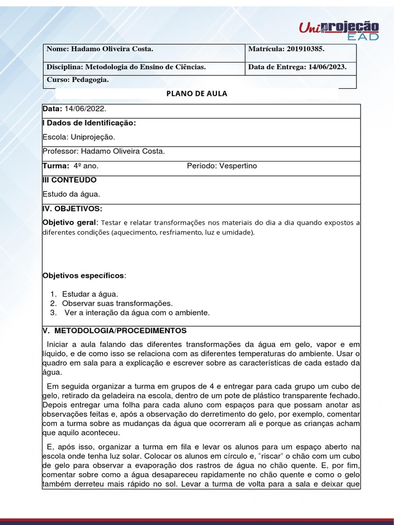 Formulário Plano de Aula de Ciências | PDF