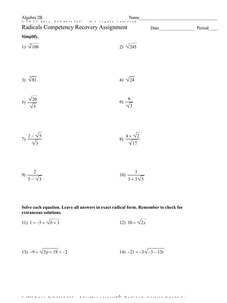 Algebra 2B Radicals Worksheet | PDF | Mathematics | Mathematical Concepts