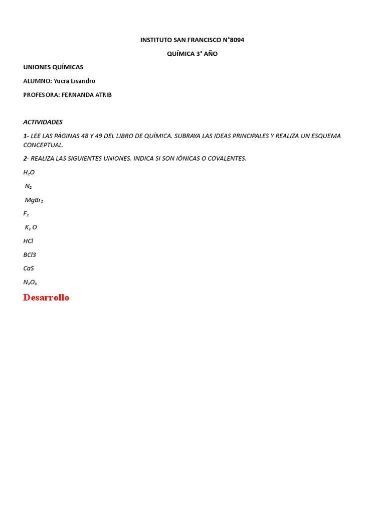 UNIONES QUIMICAS-EJERCICIOS (3) | PDF | Enlace covalente | Enlace químico