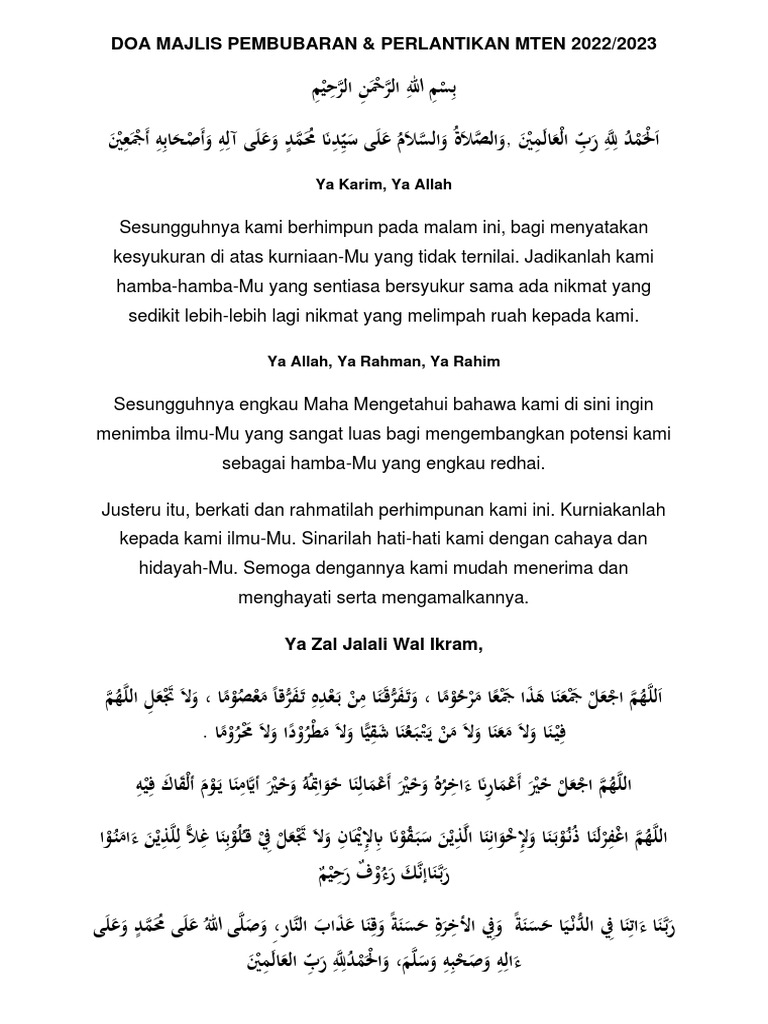 Teks Doa Majlis Agm Mten 2022 | PDF