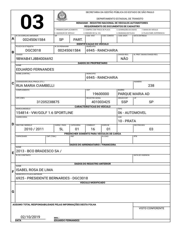 DETRAN-SP ___ Formulario Renavam (1) | PDF | Transporte | Veículos
