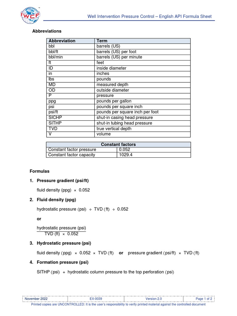 EX 0039 Well Intervention English API Formula Sheet | PDF | Pressure ...