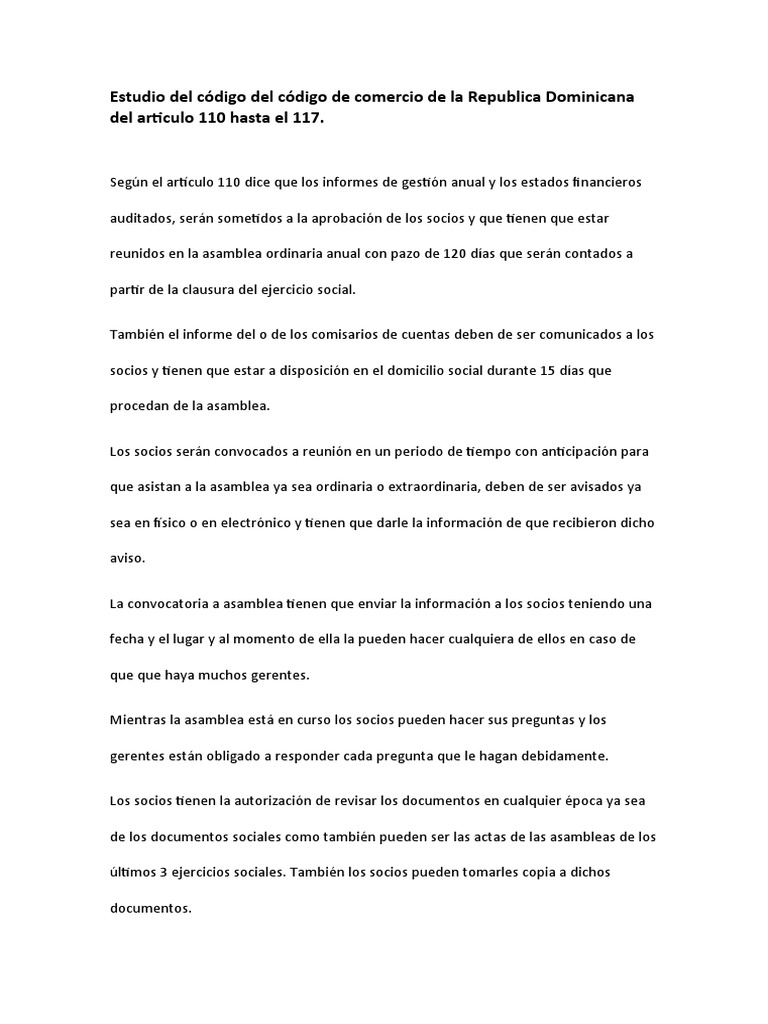 Estudio Del Código Del Código de Comercio de La Republica Dominicana ...