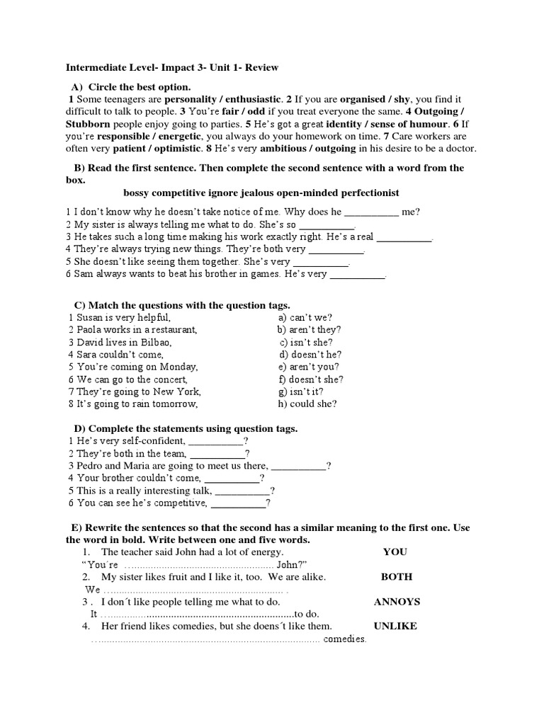 Intermediate Level - Impact 3 - Unit 1 Review | PDF