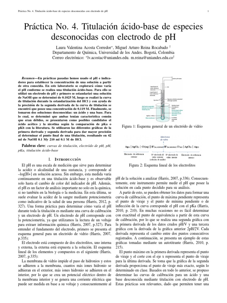 Informe 4 Titulaci N Cido Base Con Un Electrodo de PH | PDF | Valoración | Química