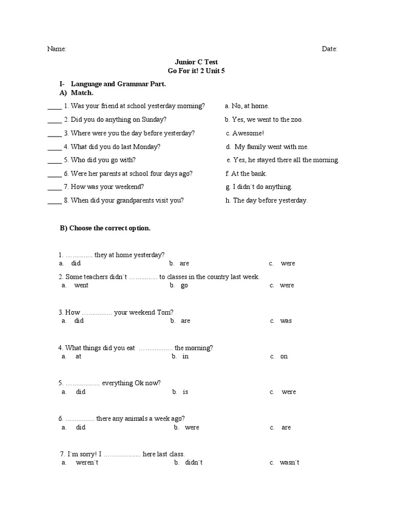 Junior C Test Go For It! 2 Unit 5 | PDF
