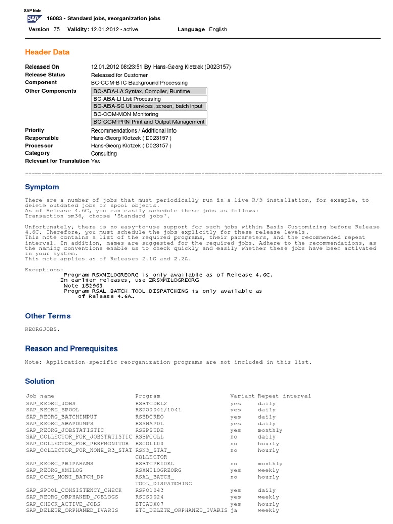 SAP Note 16083 - Standard Jobs, Reorganization Jobs | PDF
