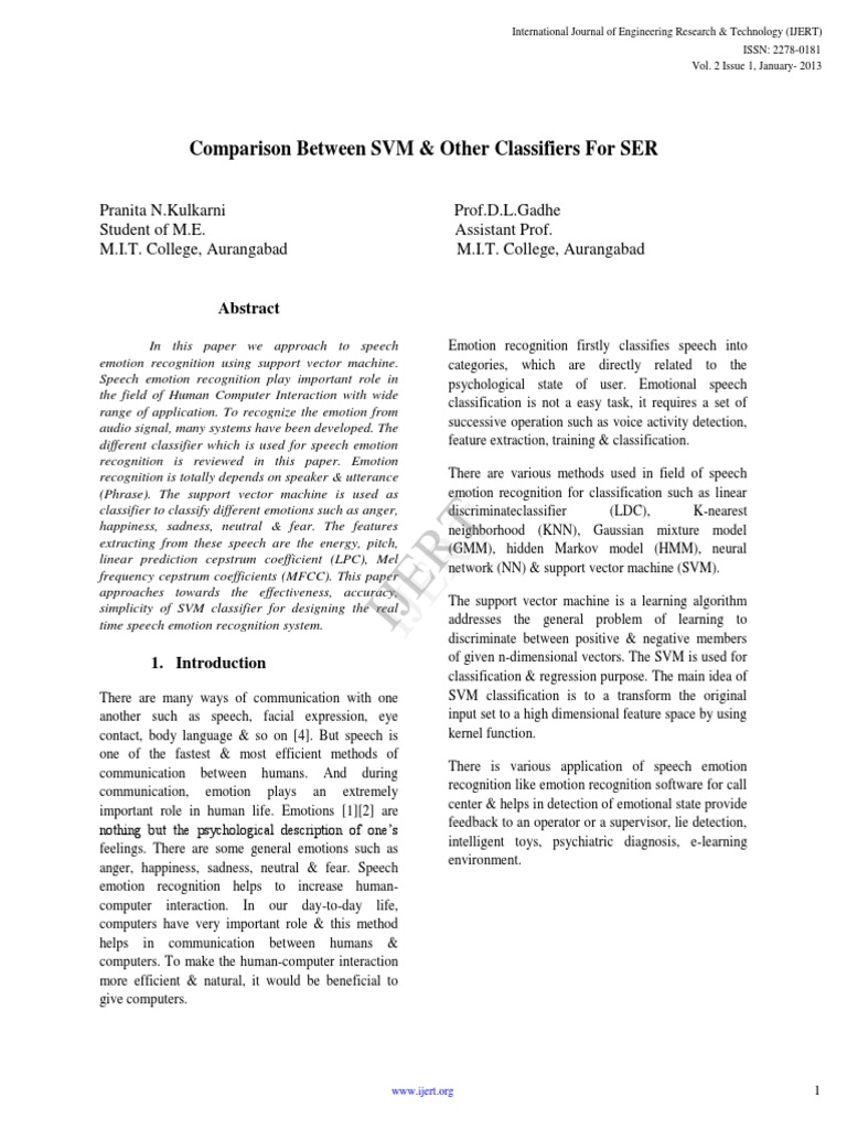 Comparison Between SVM Other Classifiers For Ser IJERTV2IS1457 | PDF | Support Vector Machine ...