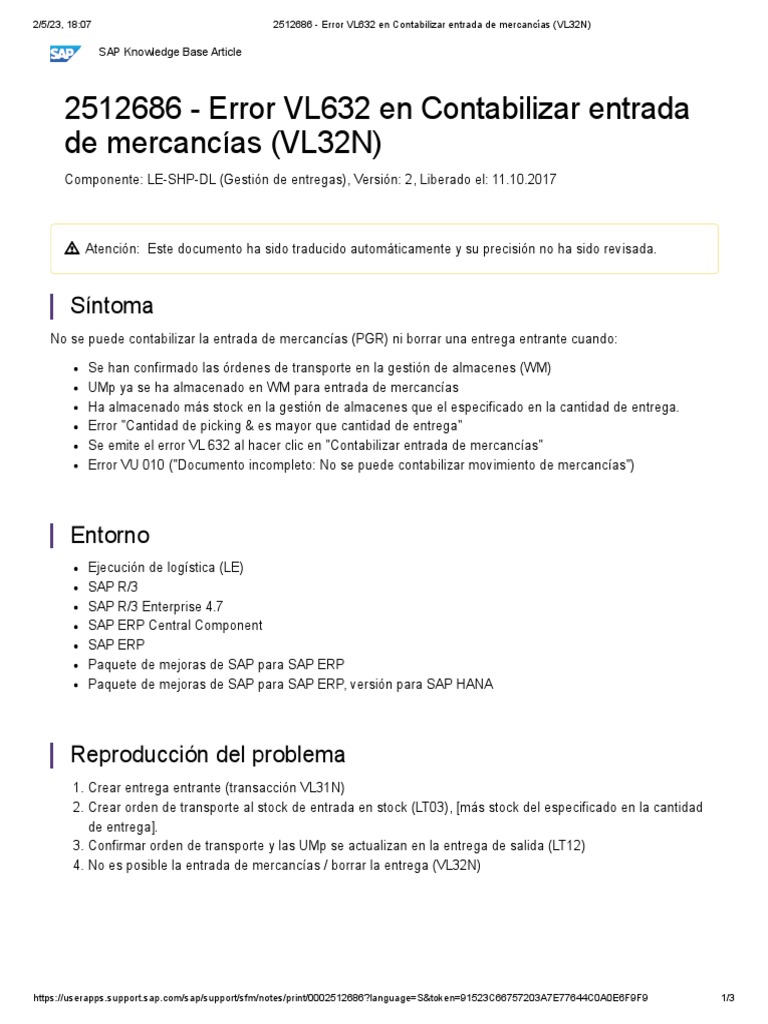 2512686 - Error VL632 en Contabilizar entrada de mercancías (VL32N ...