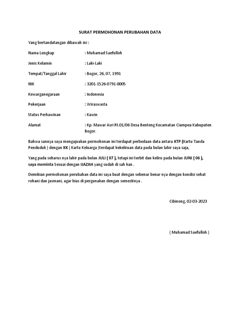Surat Permohonan Perubahan Data KTP | PDF