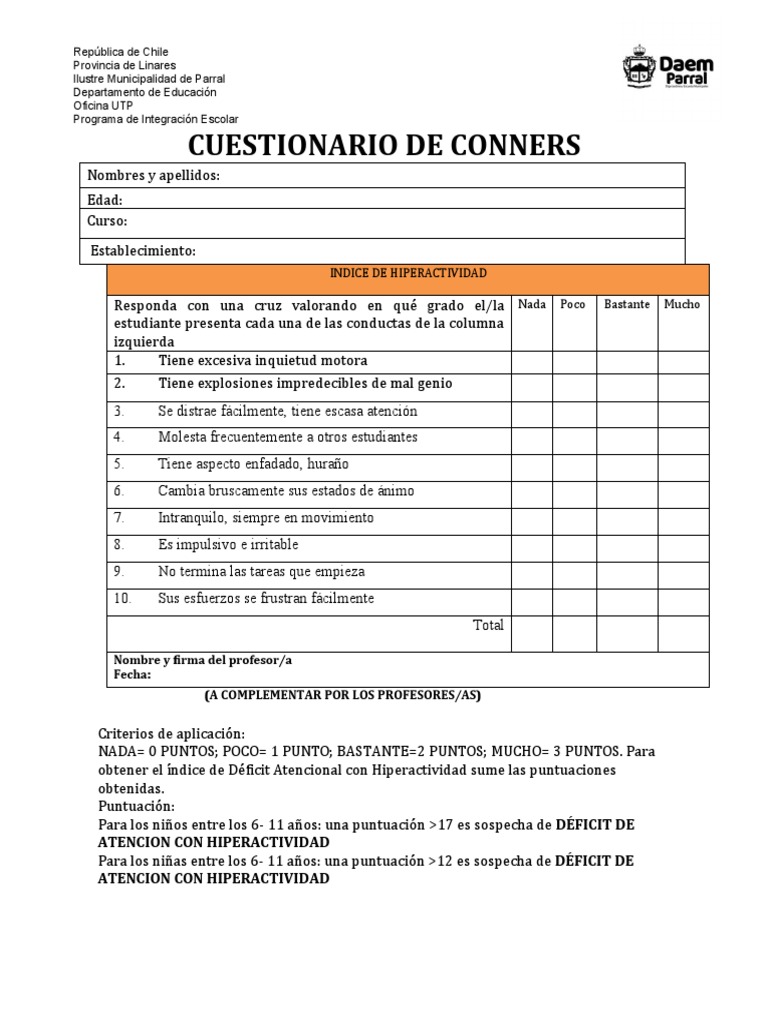 Cuestionario de Conners | Descargar gratis PDF | Desorden hiperactivo y ...