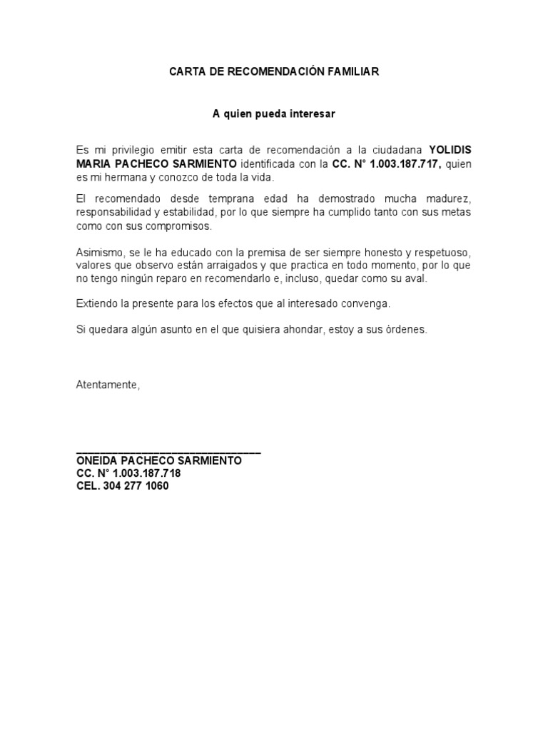 Carta de Recomendación Familiar | PDF