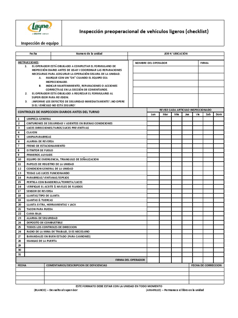 Inspeccion Pre Operacion Vehiculos Ligeros | PDF | Vehículos terrestres ...